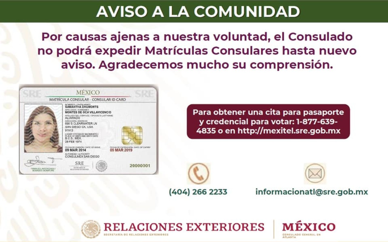 Matrícula consular: Consulado de México en Atlanta suspende ...